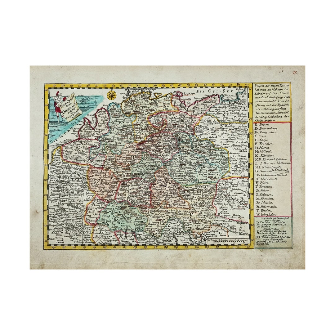 1741 GERMANY and Adjacent Countries, Europe. Antique Hand Colored Map ...