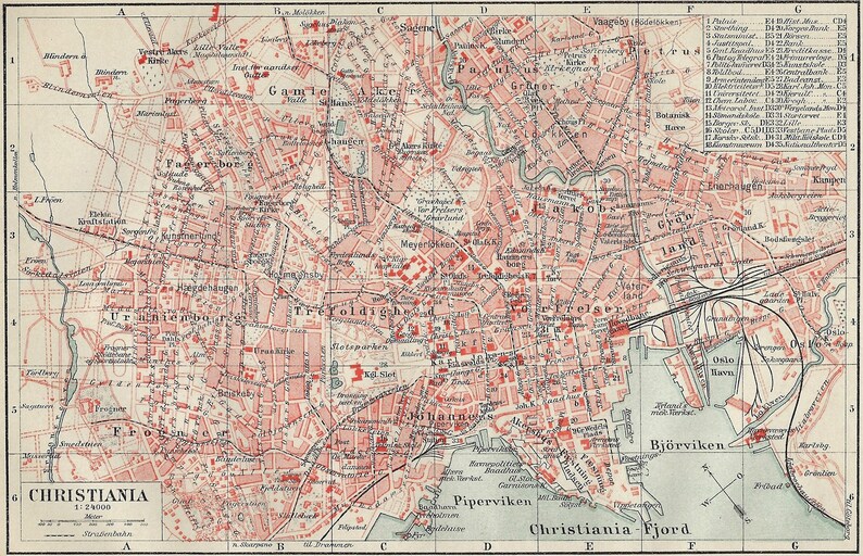 1903 Christiania Denmark City Map Vintage Street Map City Plan Wall Art ...