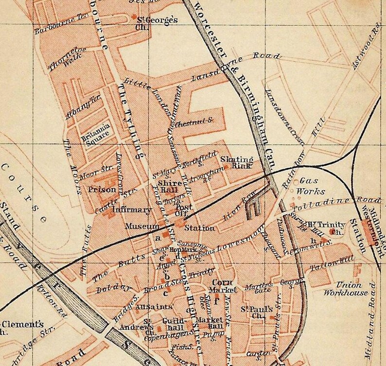 1897 Worcester Antique City Map Vintage Street Map England City Map ...