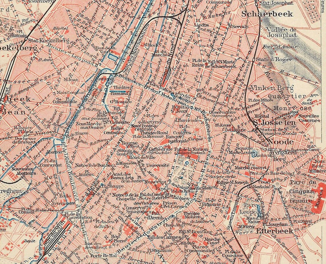 1903 Vintage BRUSSELS City Map Antique Street Map 19th Century Belgium ...