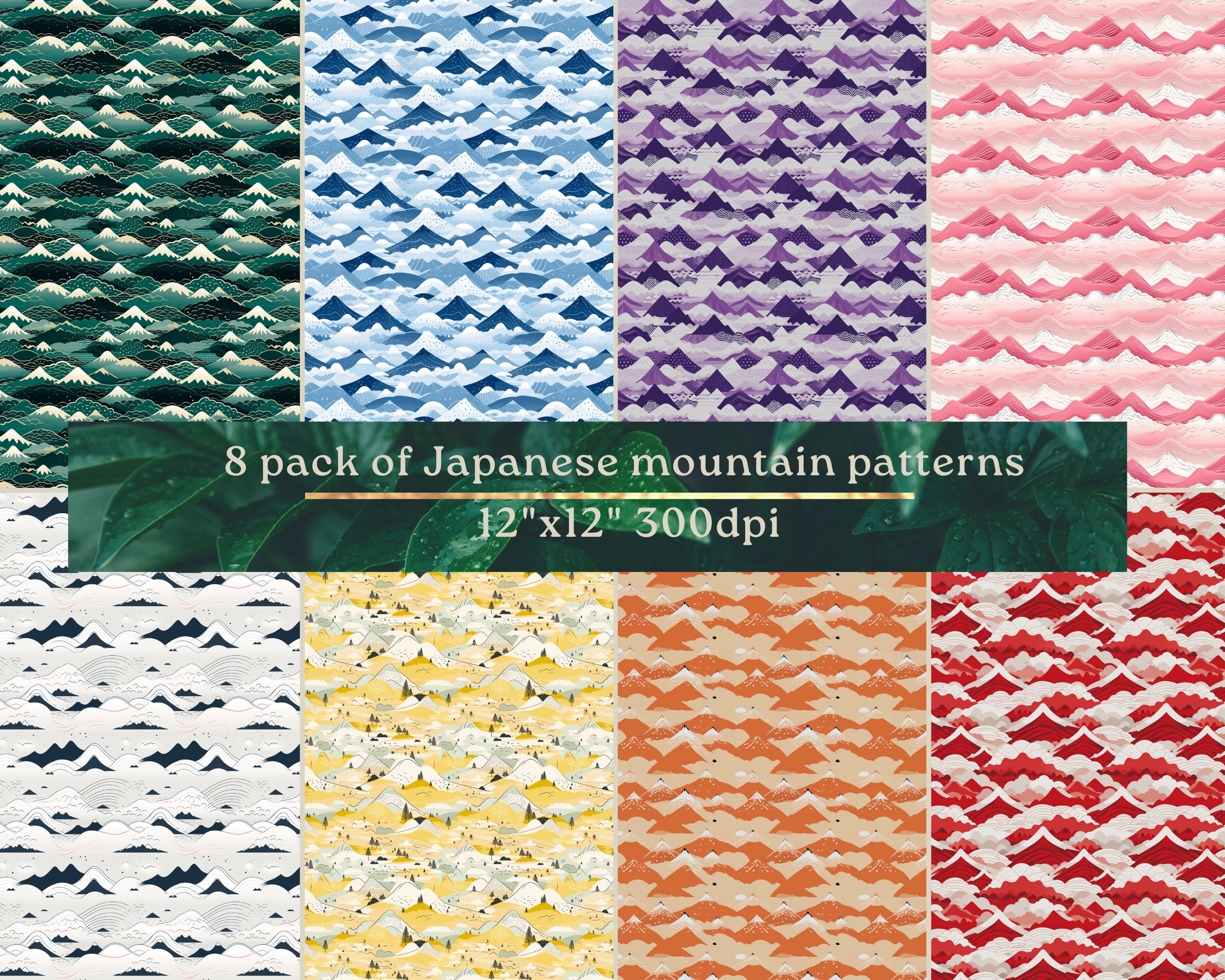 Seamless Japanese Mountains Patterns Digital Paper 8-pack for Crafts ...