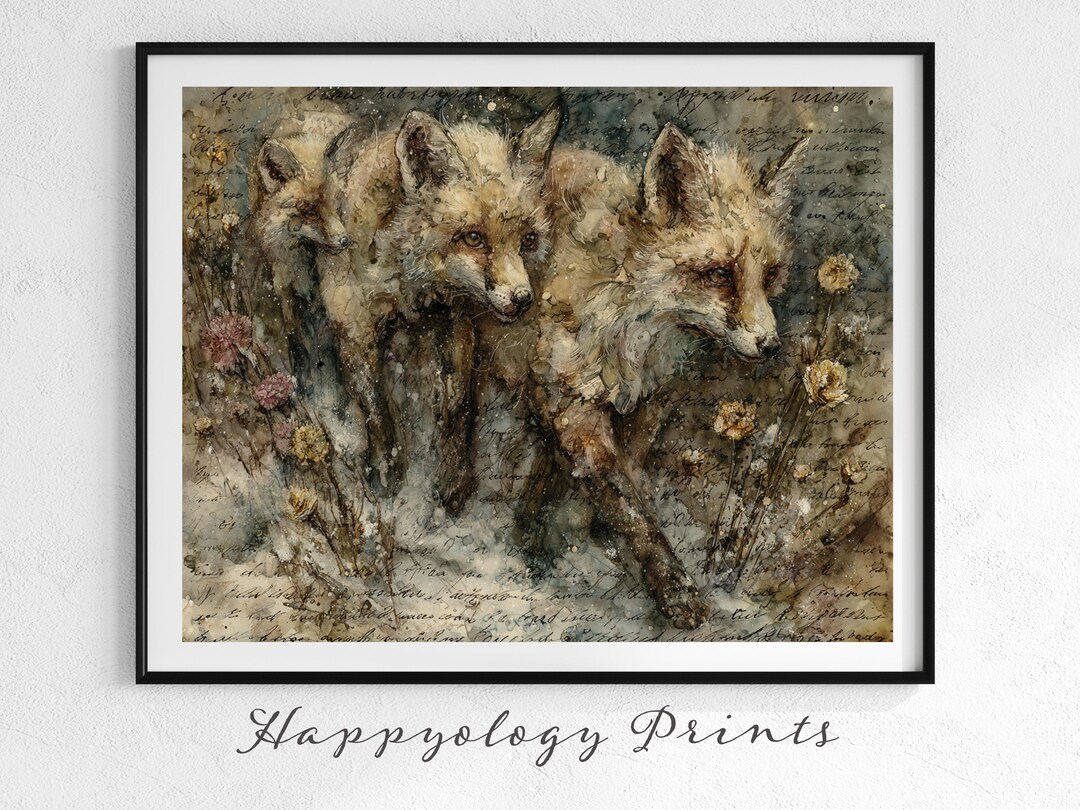 Rustic Fox Trio Walk in Vintage Woodland - Moody Red Foxes Painting ...