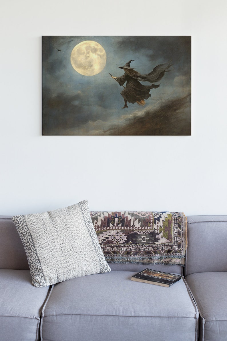 Flying Witch Wall Art, Gothic Antique Oil Painting Print Vintage Witch ...