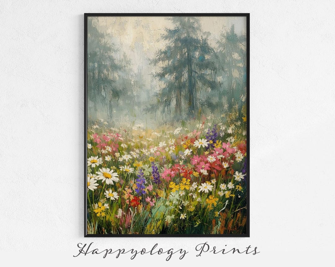Cottagecore Meadow With Colorful Wildflowers Painting - Moody Misty ...