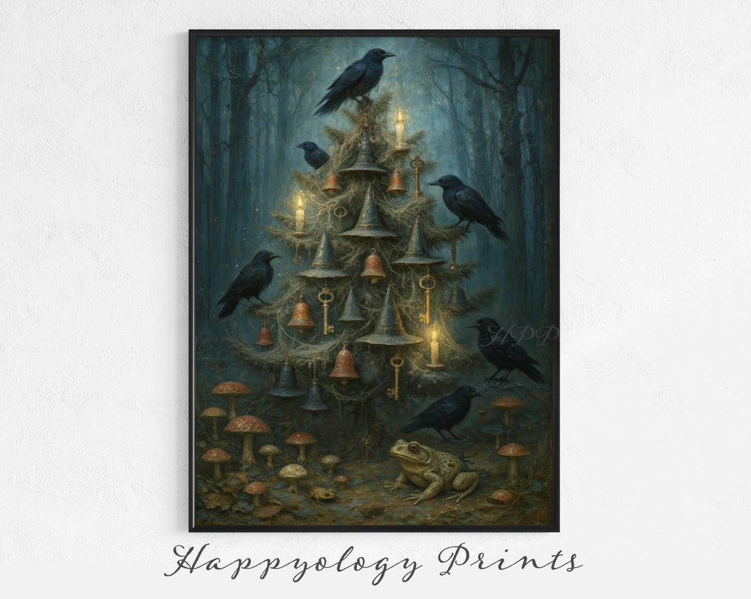 Vintage Witch Yule Crow Tree Painting, Christmas Wall Art, Witchy Home ...