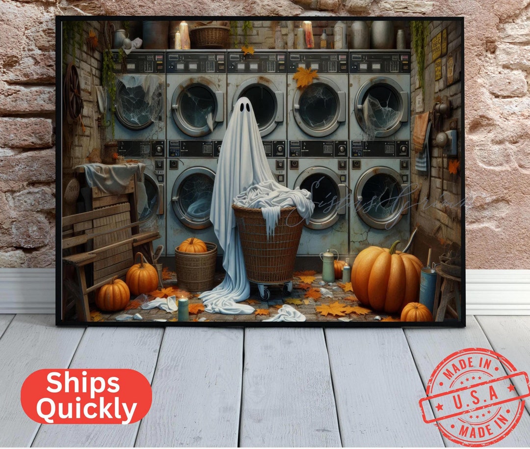 Ghost Doing Laundry Wall Art, Fun Ghost Halloween Print, Halloween Home ...