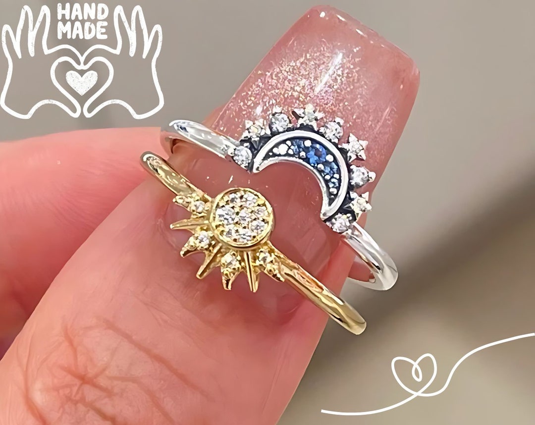 Celestial Blue Moon Star & Sun Rings 925 Sterling Silver 18K Gold ...