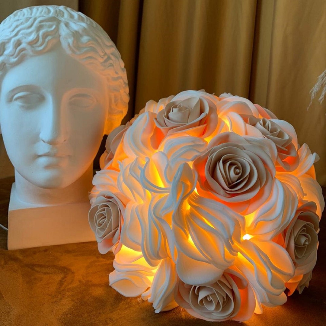 Realistic Floral Round Night Lamp Rose and Hydrangea Flower Interior ...