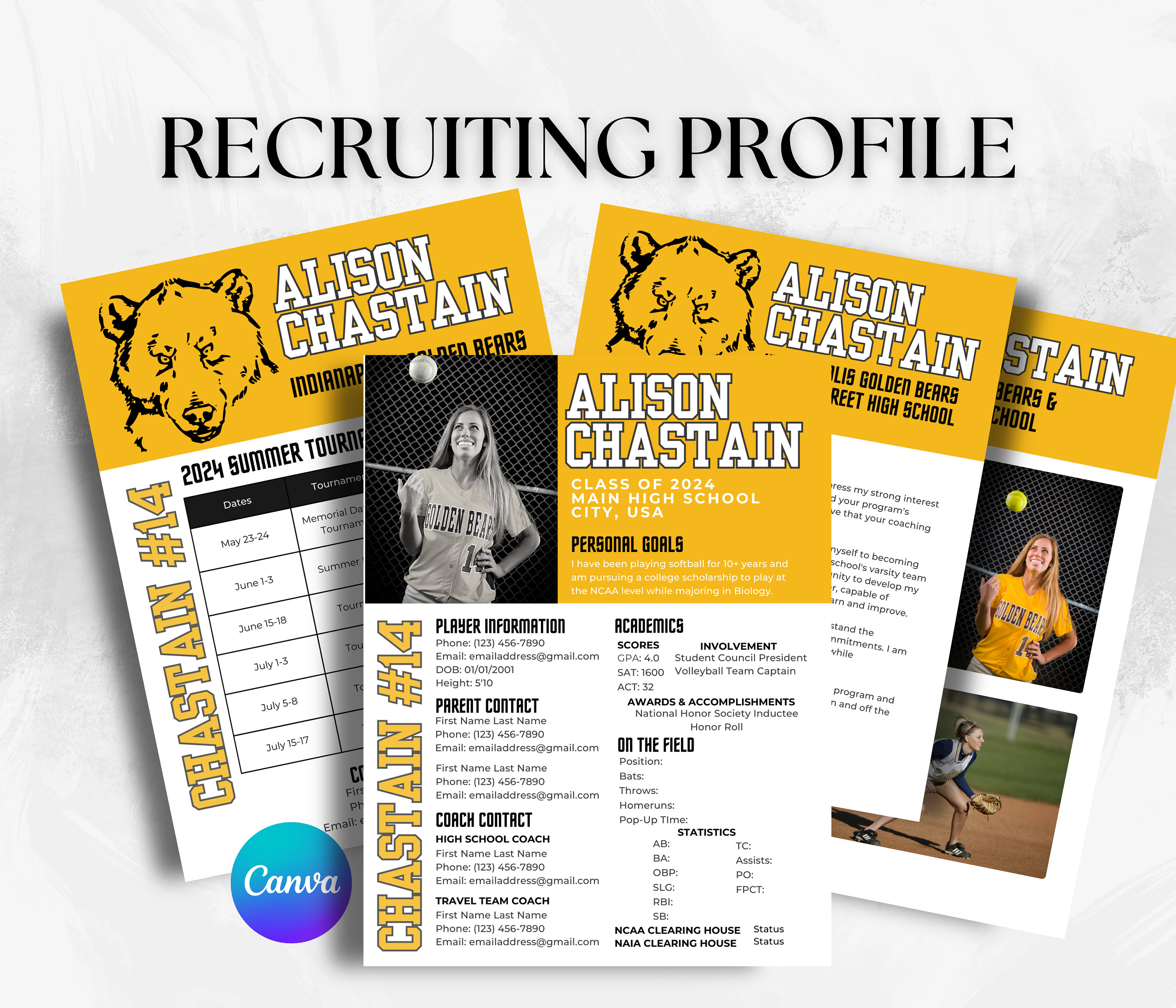 Softball Athlete Profile Sheet Photo College Recruiting Editable Canva ...