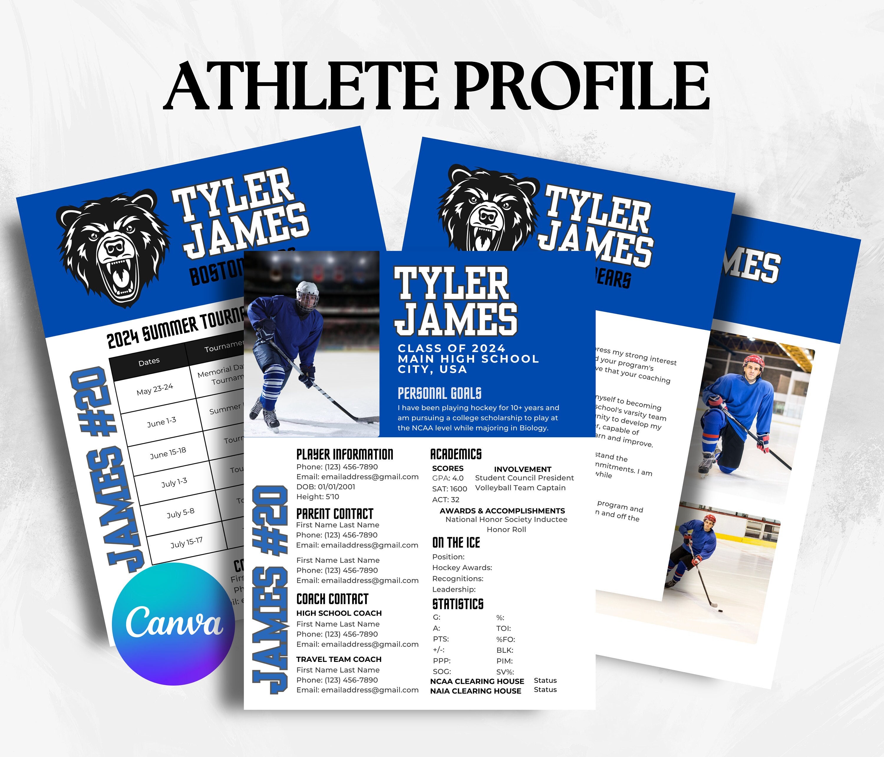 Hockey Athlete Profile Sheet Resume Photo College Recruiting Editable ...