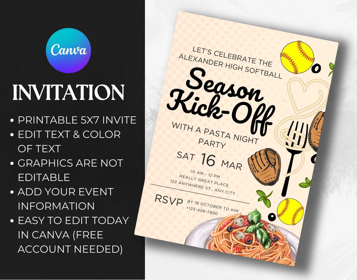 Printable Softball Team Spaghetti Dinner Invitation Canva Template ...