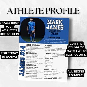 Soccer Athlete Profile Sheet Photo College Recruiting Editable Canva ...