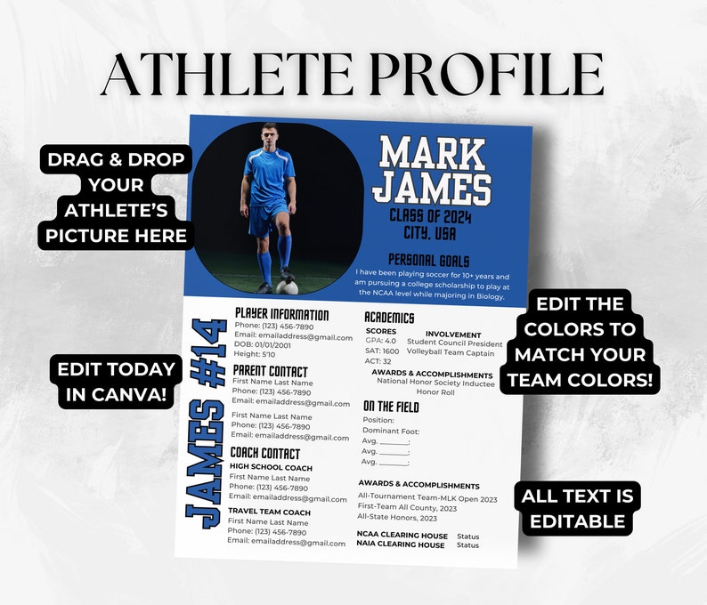 Soccer Athlete Profile Sheet Photo College Recruiting Editable Canva ...