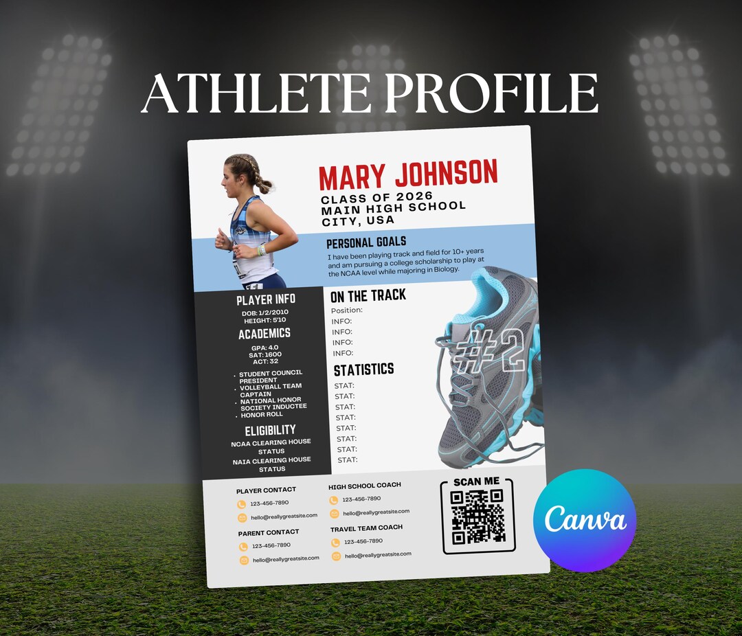 Track and Field Athlete Profile Sheet Photo College Recruiting Editable ...