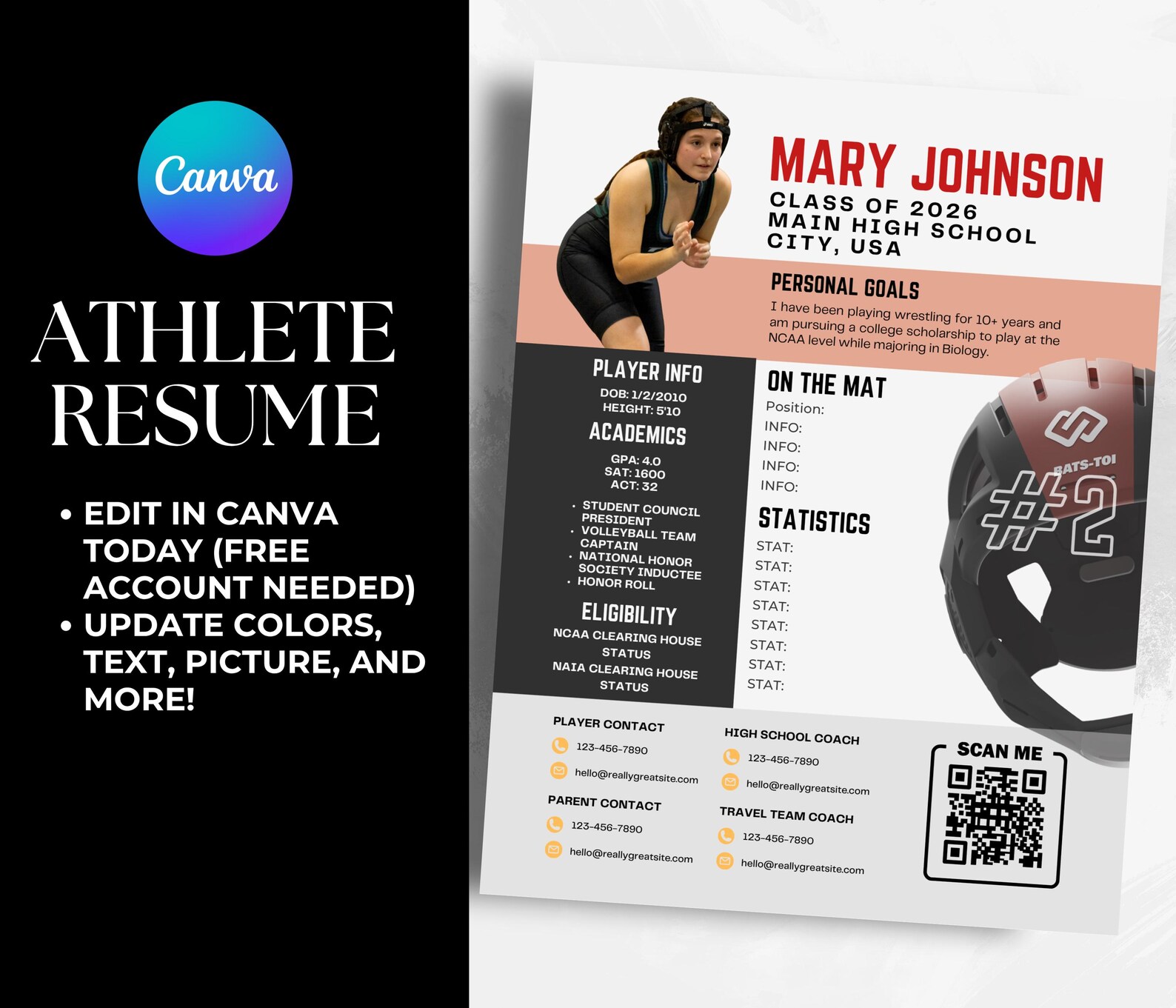 Girls Wrestling Athlete Profile Sheet Photo College Recruiting Editable ...