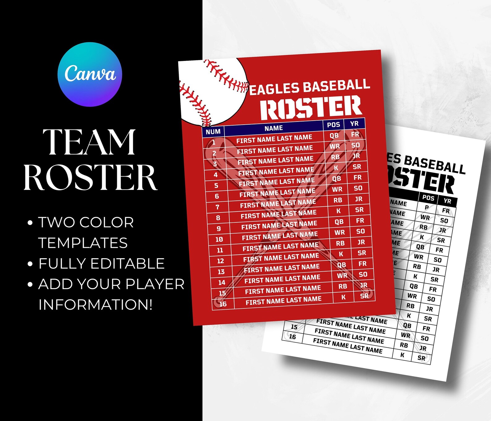 Editable Baseball Team Roster Canva Template Baseball Team Player ...