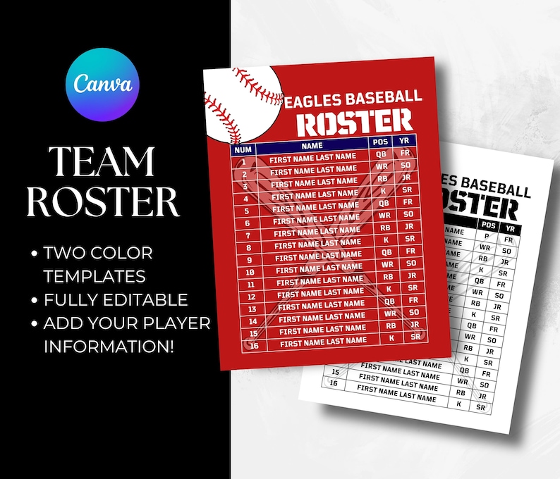 Editable Baseball Team Roster Canva Template Baseball Team Player ...