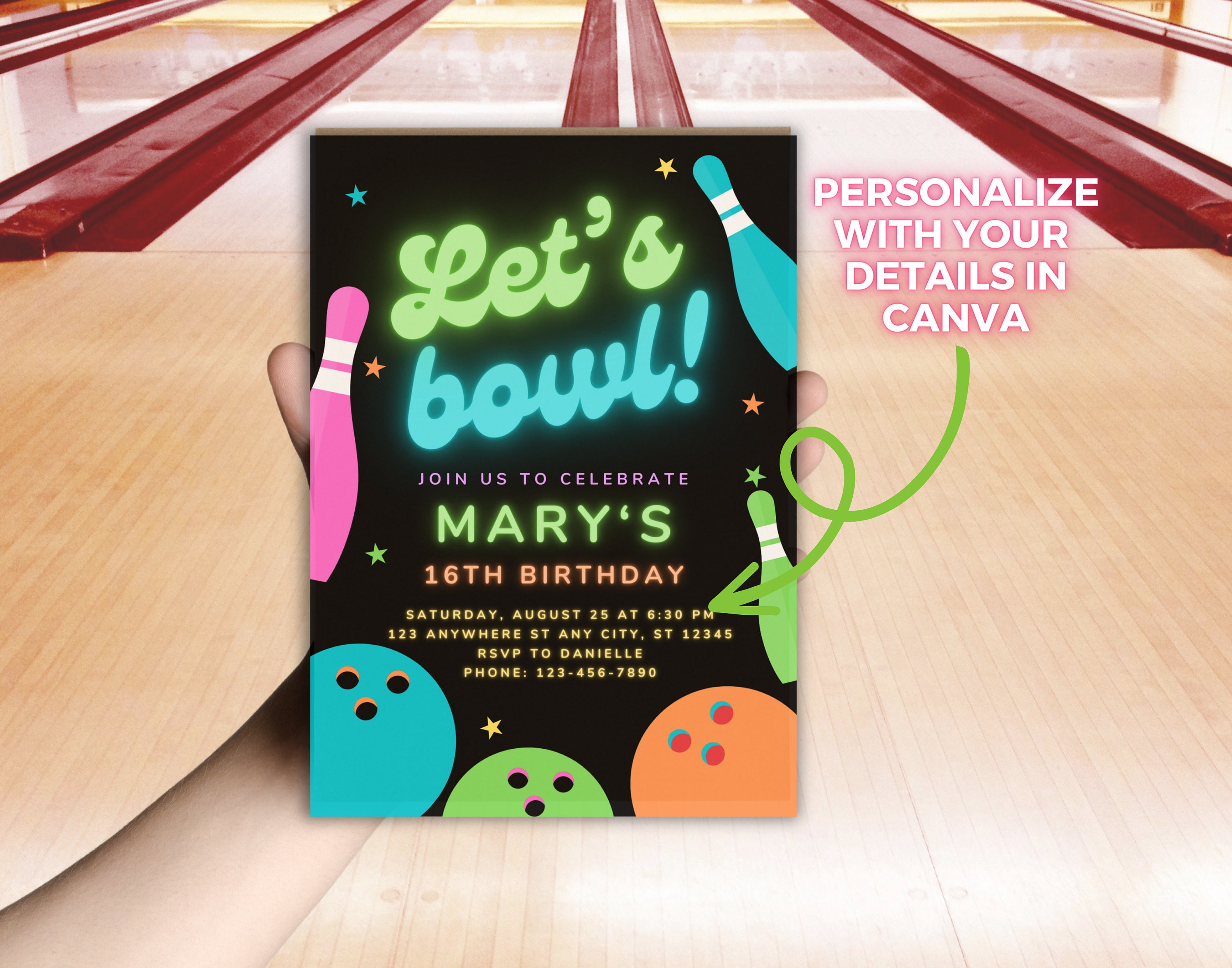 Animated and Printable Bowling Birthday Phone Invitation Neon Bowling ...
