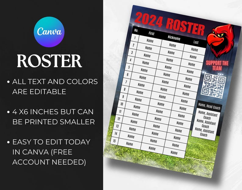 Editable Soccer Team Roster Canva Template Boys Girls Soccer Team ...