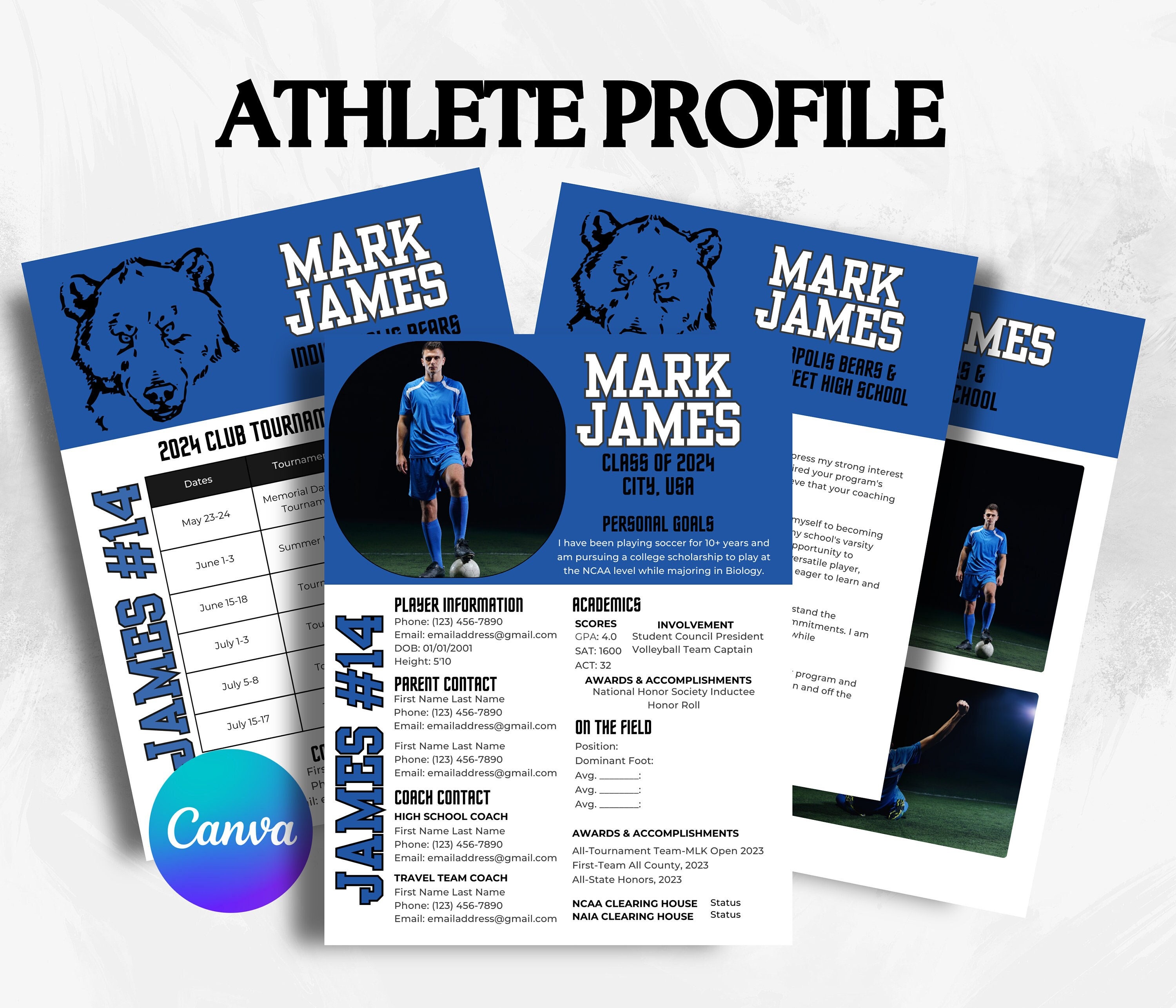 Soccer Athlete Profile Sheet Photo College Recruiting Editable Canva Template Camps Showcases ...