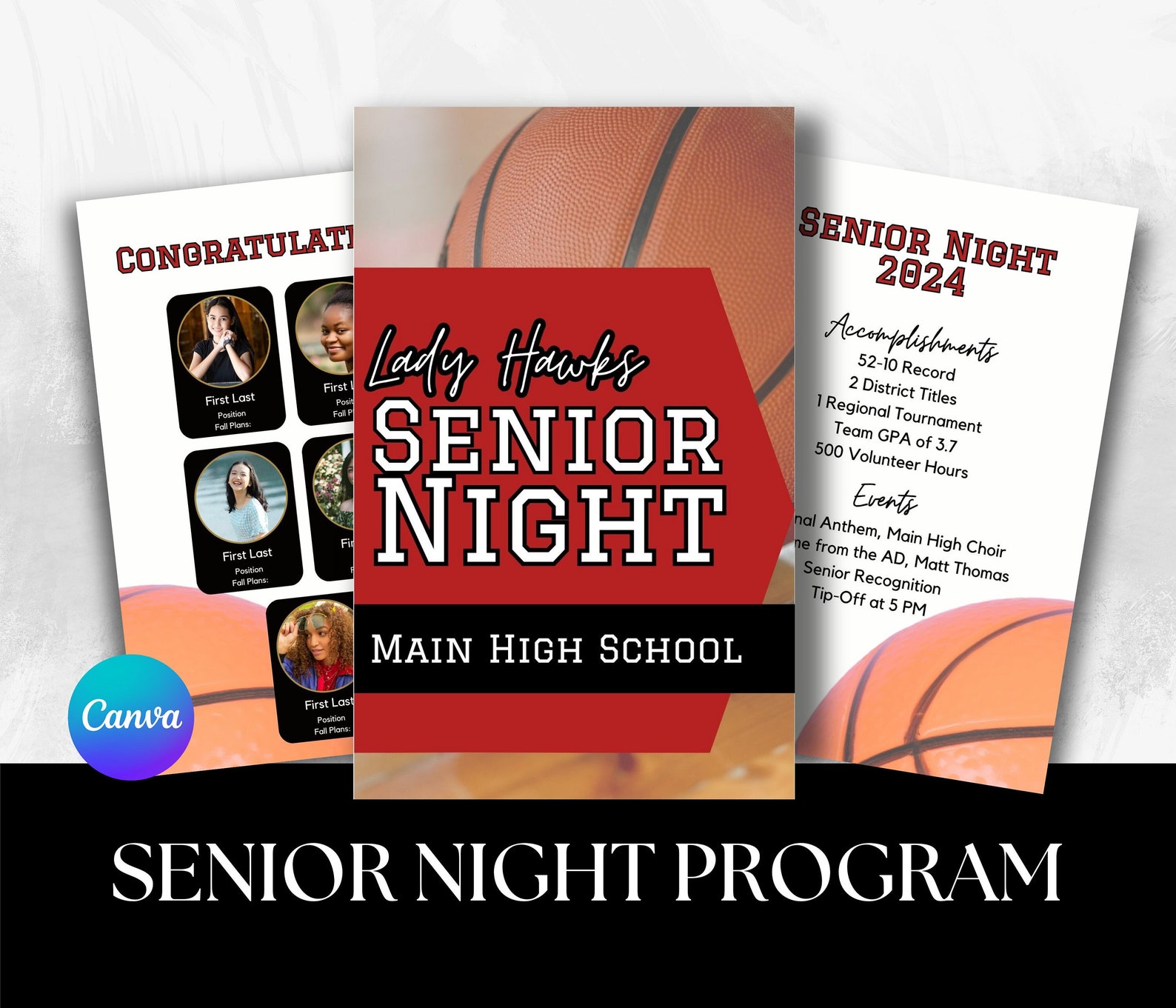 Basketball Senior Night Program Canva Template Senior Game Girls High ...