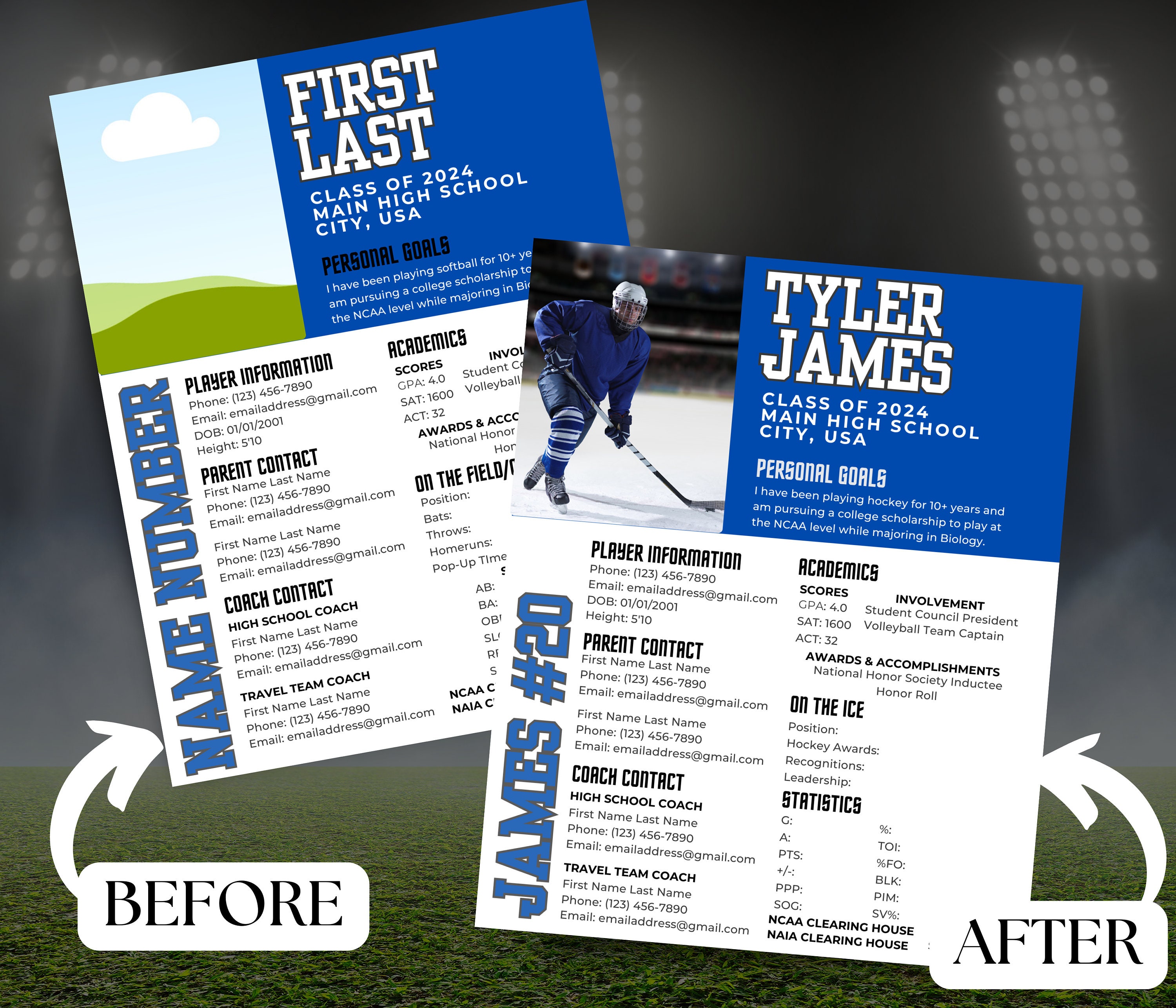 Hockey Athlete Profile Sheet Resume Photo College Recruiting Editable ...