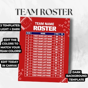 Editable Football Team Roster Canva Template Football Team Player ...