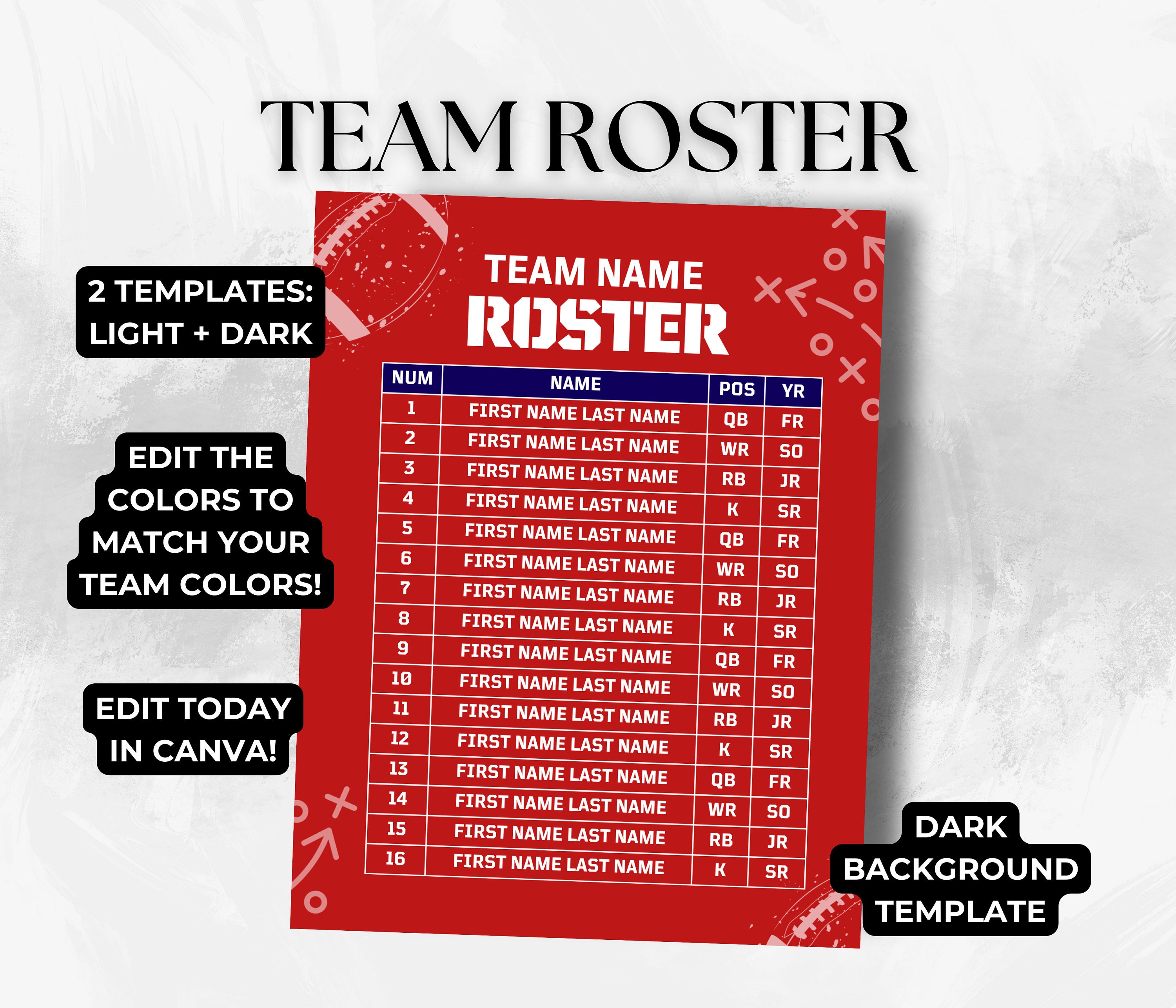 Editable Football Team Roster Canva Template Football Team Player ...