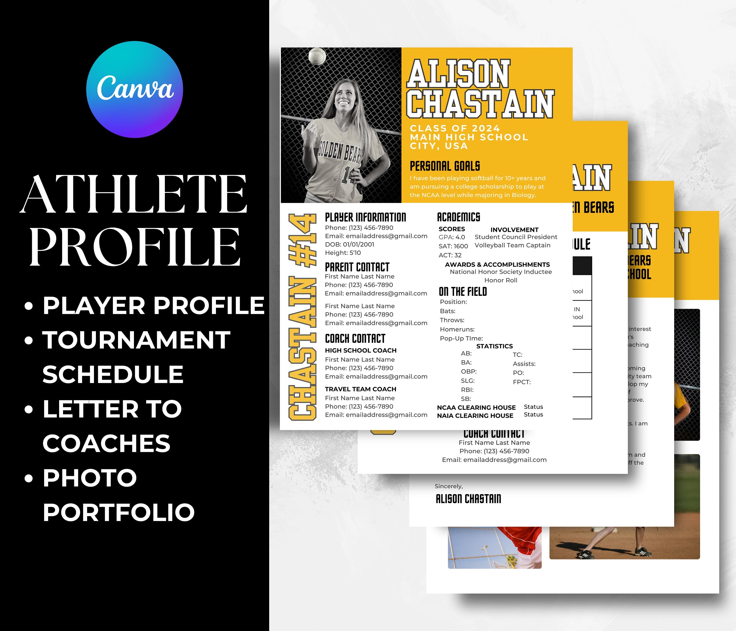 Athlete Template Profile Sheet Photo College Recruiting Editable Canva ...