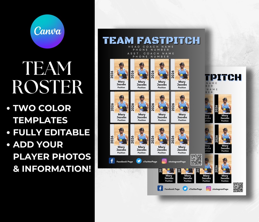 Editable Softball Team Roster Canva Template Football Team Player ...
