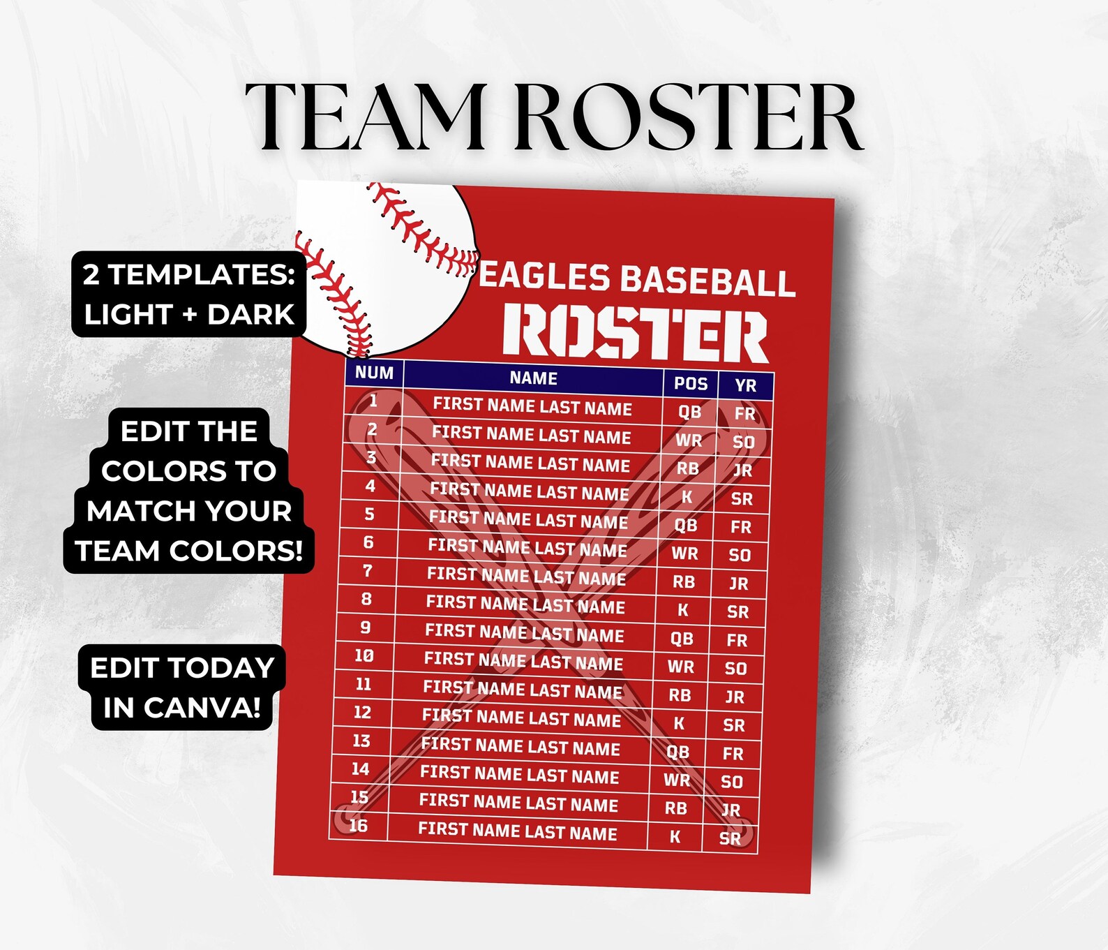 Editable Baseball Team Roster Canva Template Baseball Team Player ...