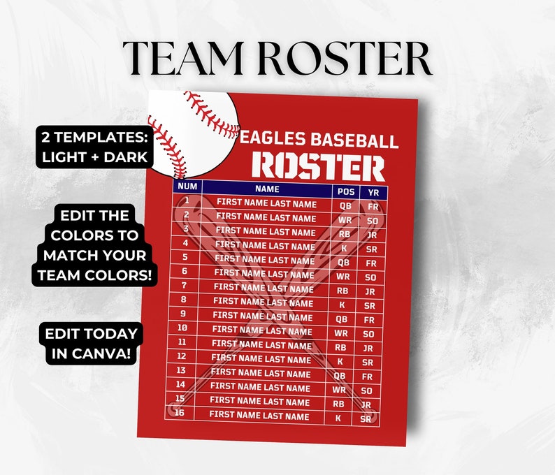 Editable Baseball Team Roster Canva Template Baseball Team Player ...