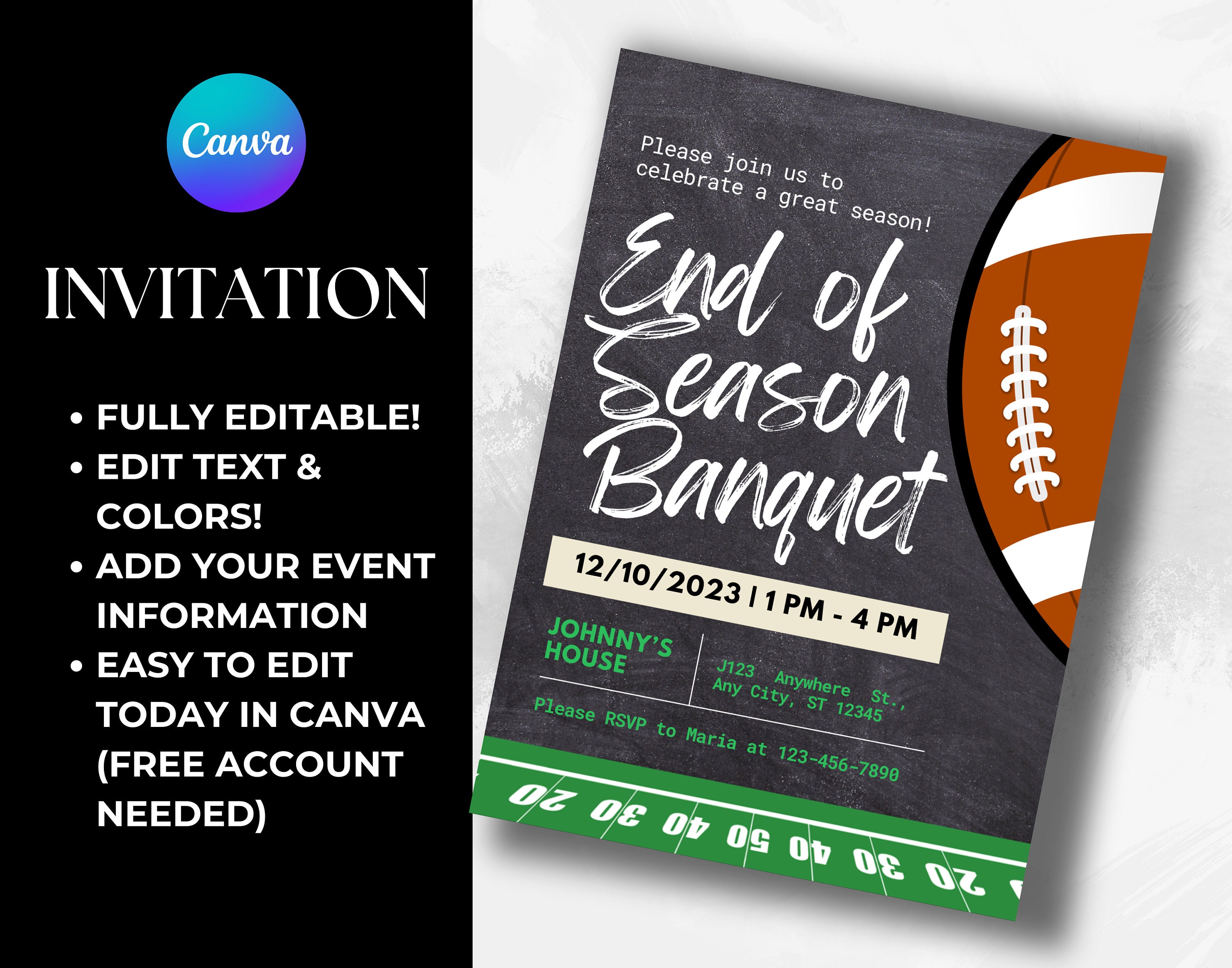 Printable Football Team End of Season Sports Banquet Invitation Canva ...