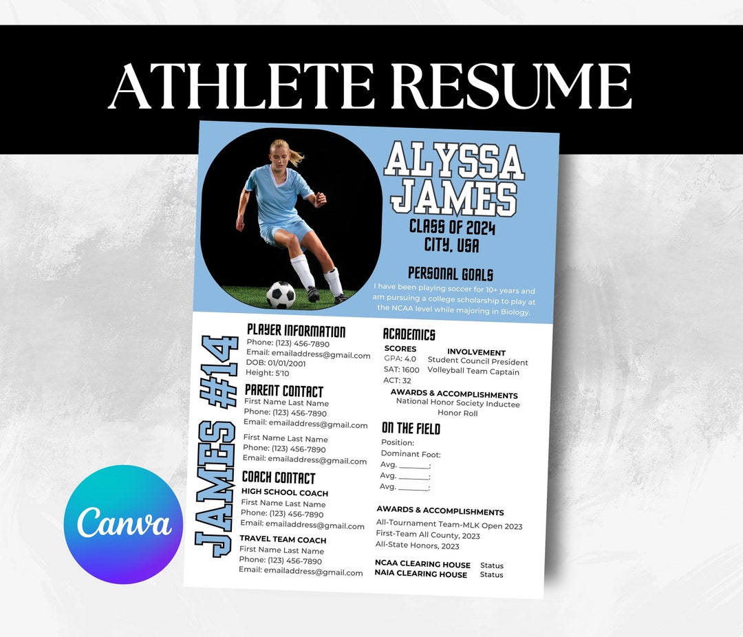 Athlete Resume Profile Sheet Photo College Recruiting Editable Canva ...