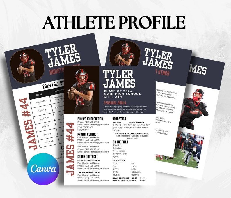 Football Athlete Profile Sheet Photo College Recruiting Editable Canva ...