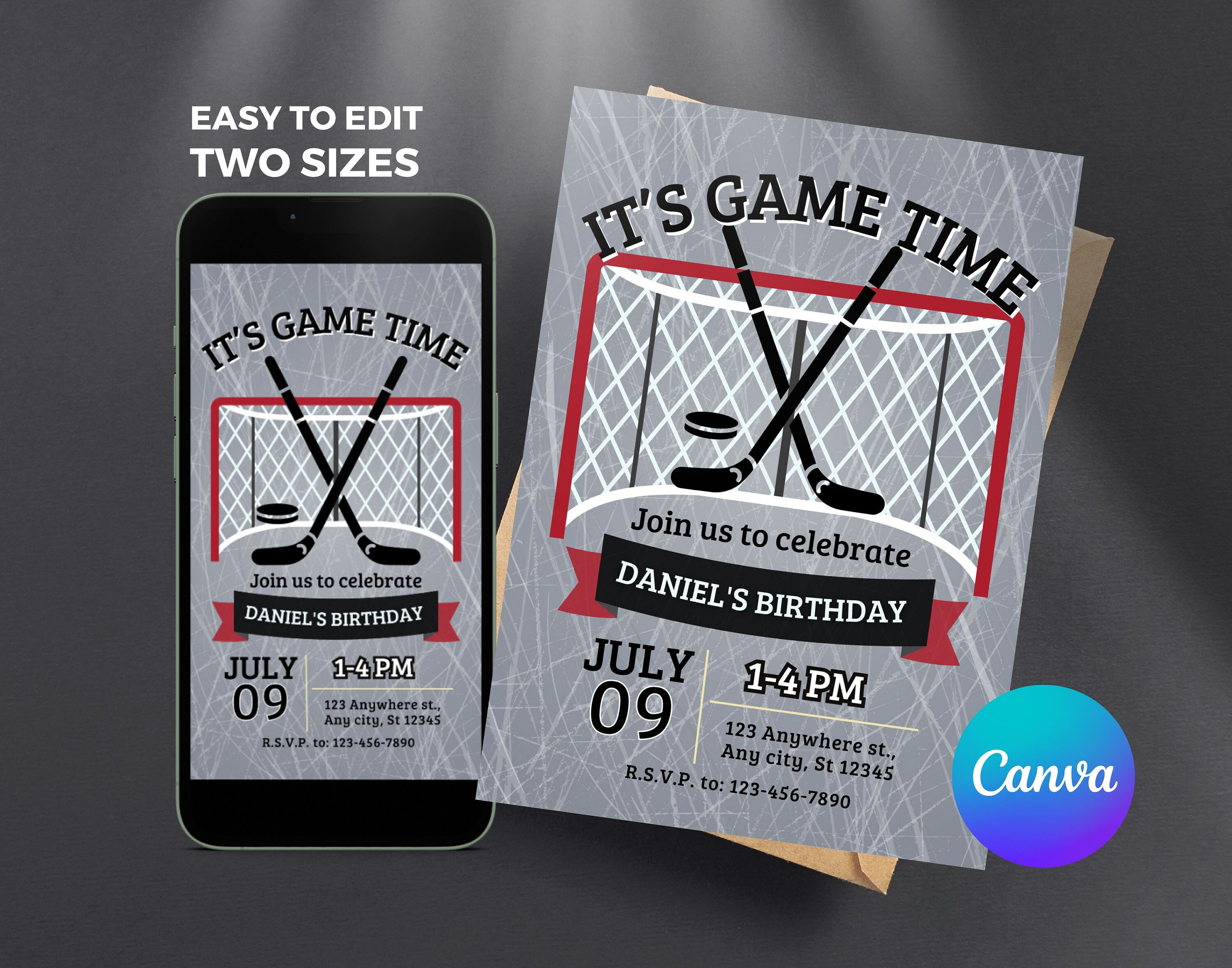 Hockey Birthday Party Invitation Canva Template Printable Kids Ice ...