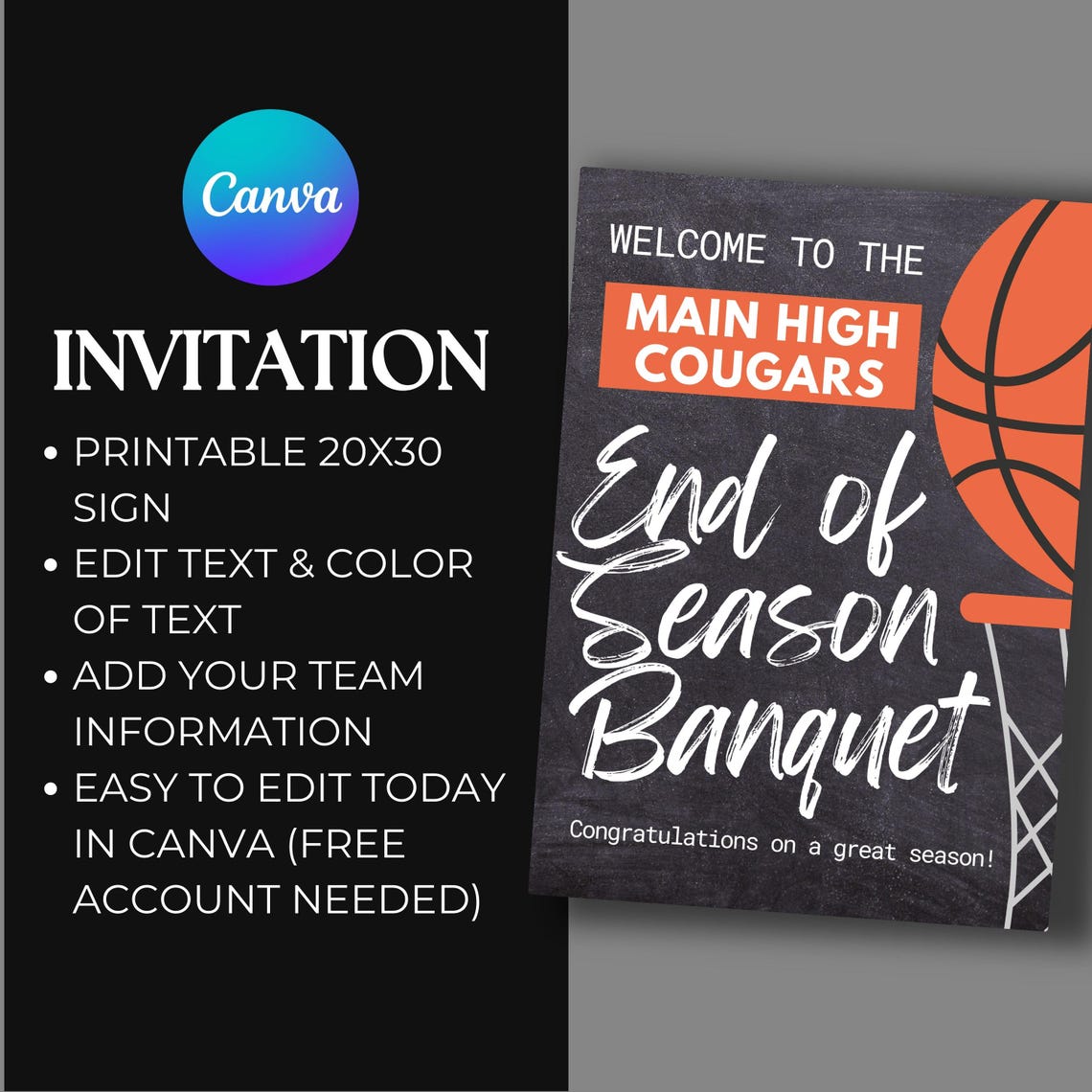 Printable Basketball Team End of Season Sports Banquet Sign Canva ...