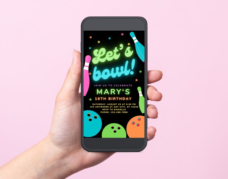 Animated and Printable Bowling Birthday Phone Invitation Neon Bowling ...