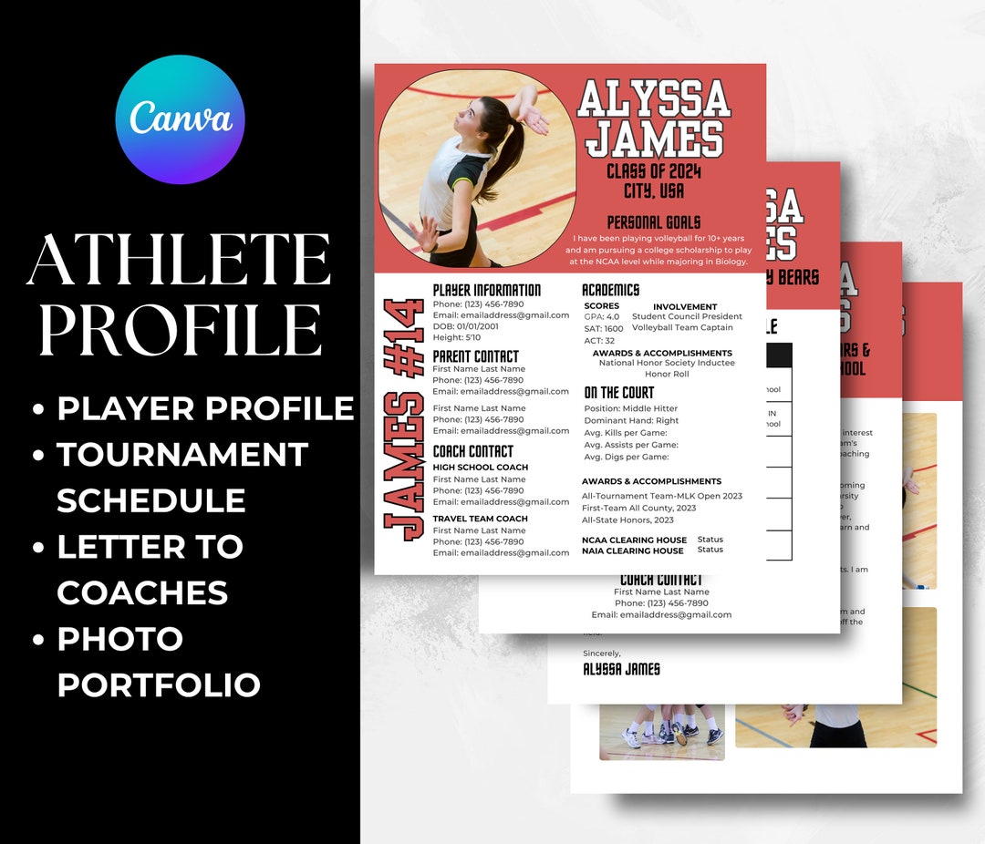 Volleyball Athlete Profile Sheet Photo College Recruiting Editable ...