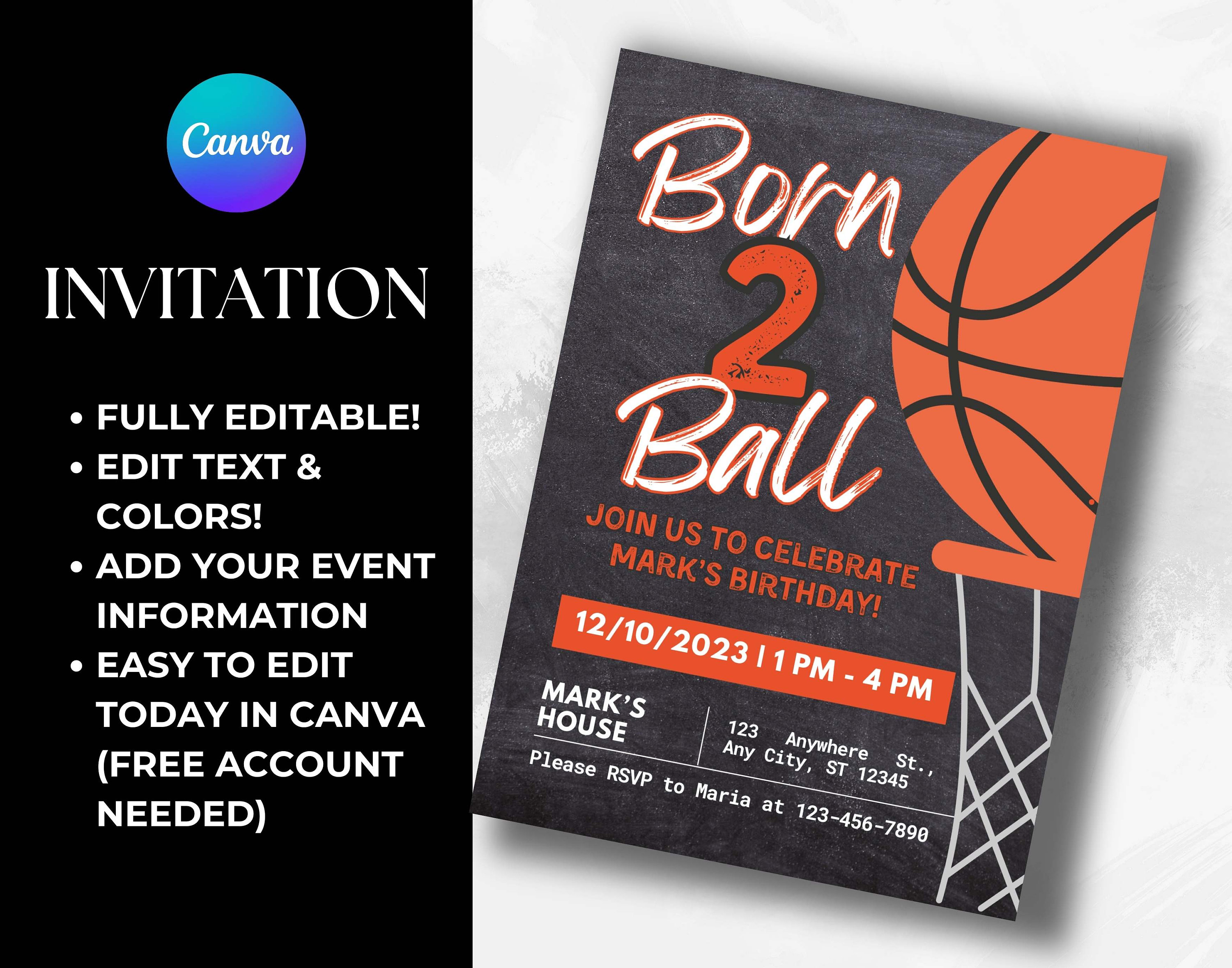 Born 2 Ball Second Birthday Invitation Canva Template Printable ...