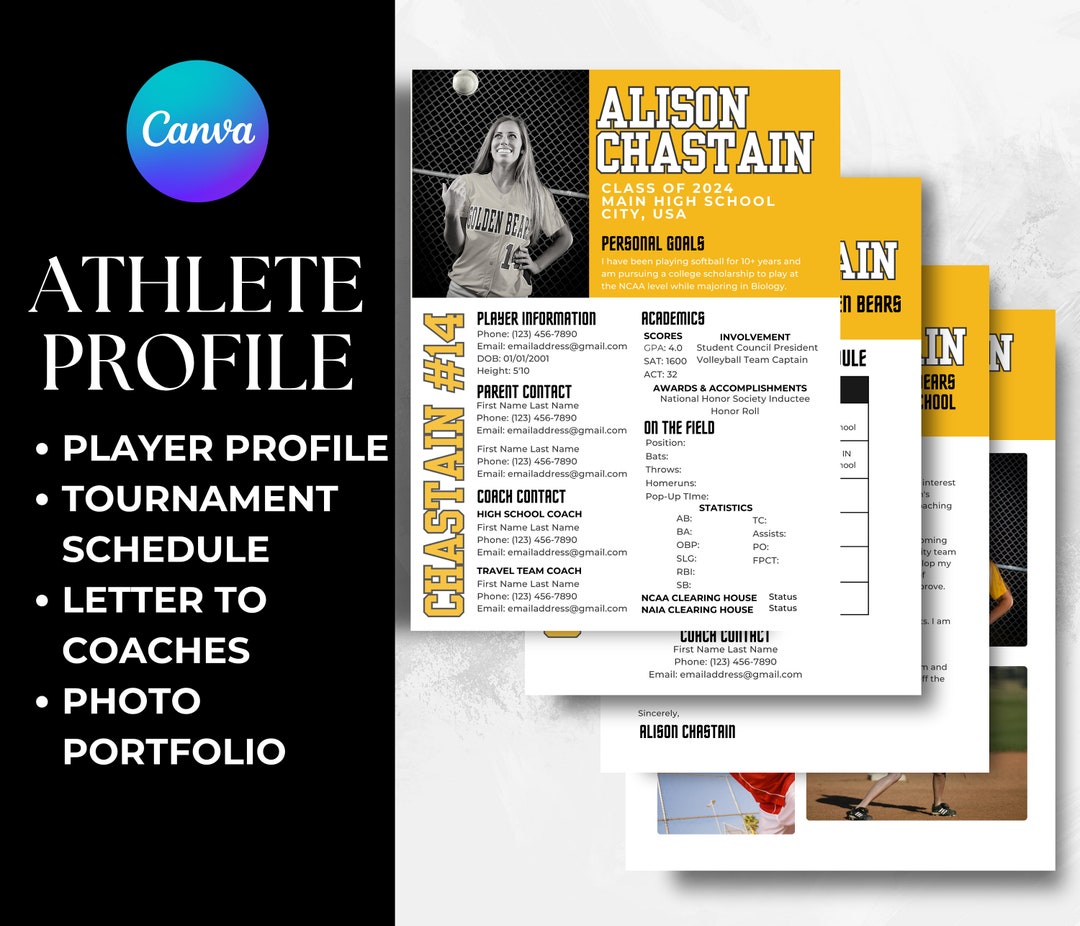 Softball Athlete Profile Sheet Photo College Recruiting Editable Canva ...