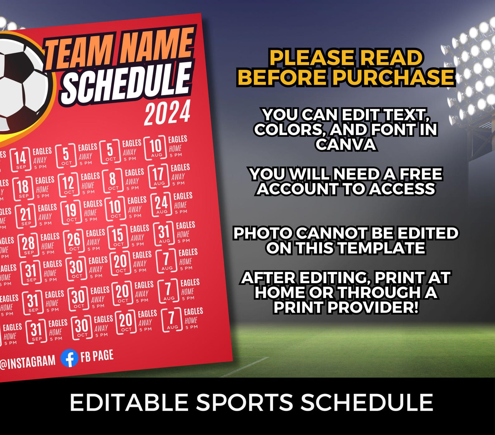 Editable Soccer Schedule Template DIY Canva Soccer Team Schedule ...