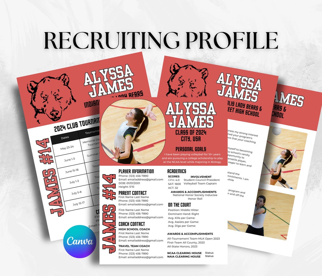 Volleyball Athlete Profile Sheet Photo College Recruiting Editable ...