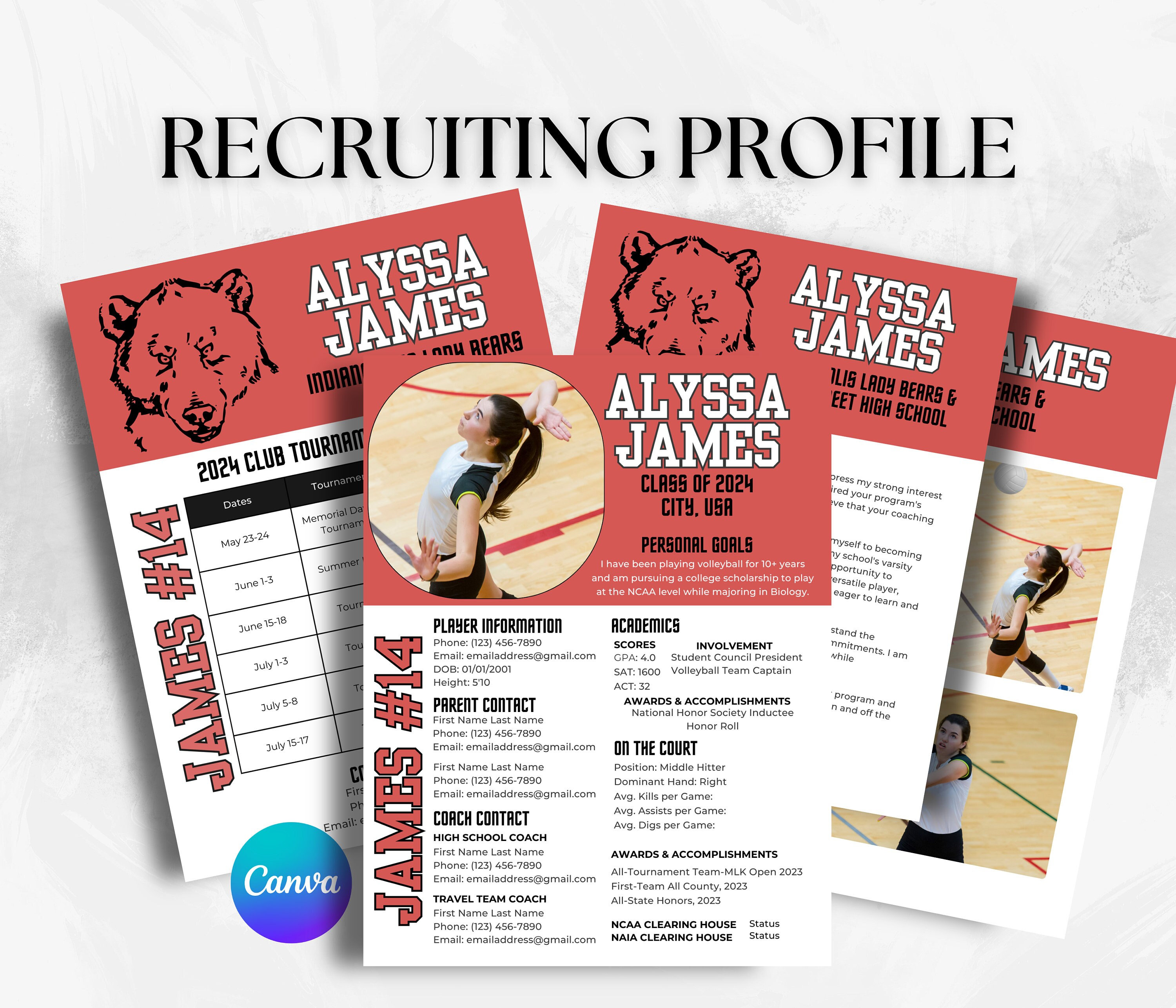 Volleyball Athlete Profile Sheet Photo College Recruiting Editable ...