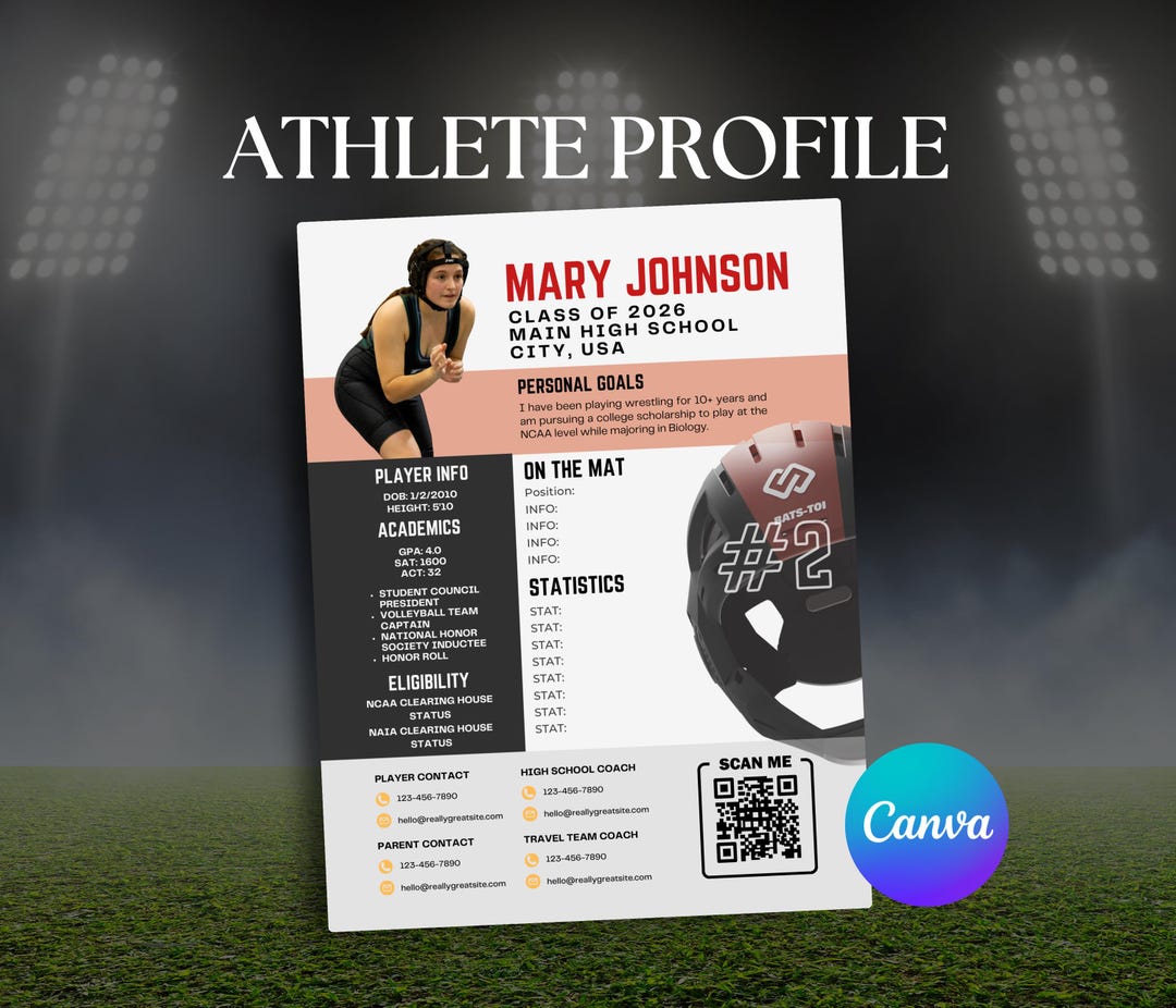 Girls Wrestling Athlete Profile Sheet Photo College Recruiting Editable ...