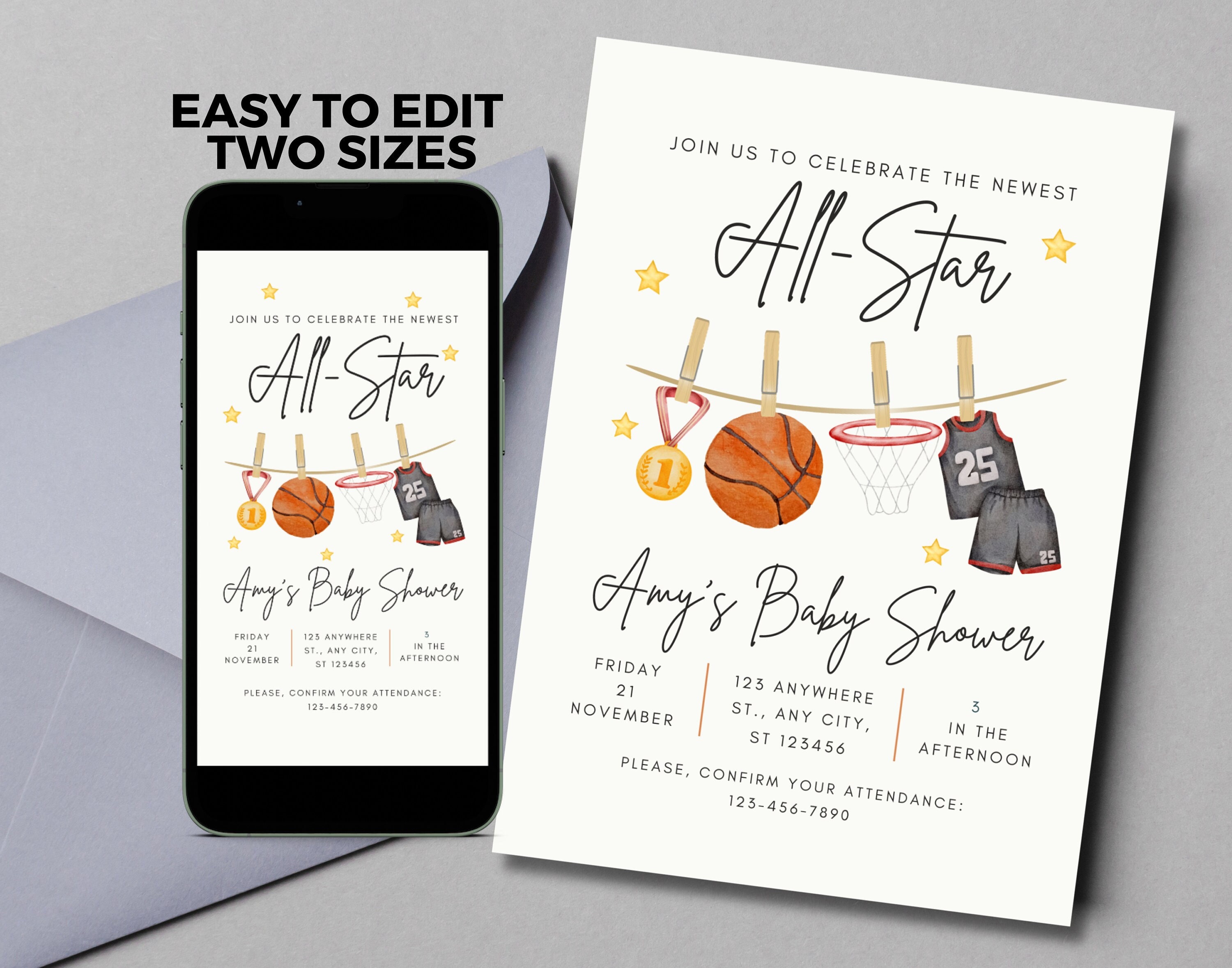 Basketball Baby Shower Watercolor Invitation Digital Template Editable ...