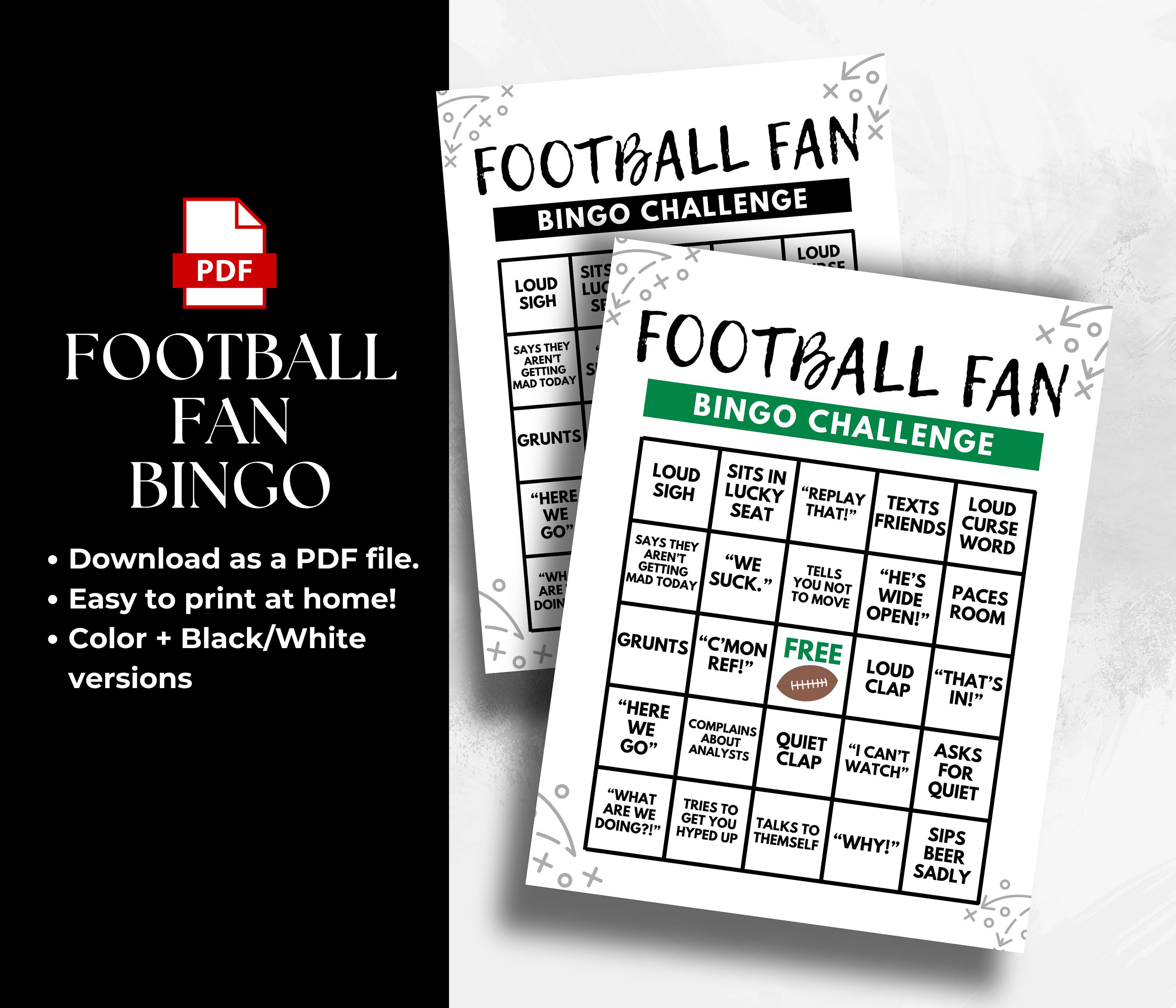 Printable Football Fan Bingo Game Funny Football Fanatic Drinking Game ...