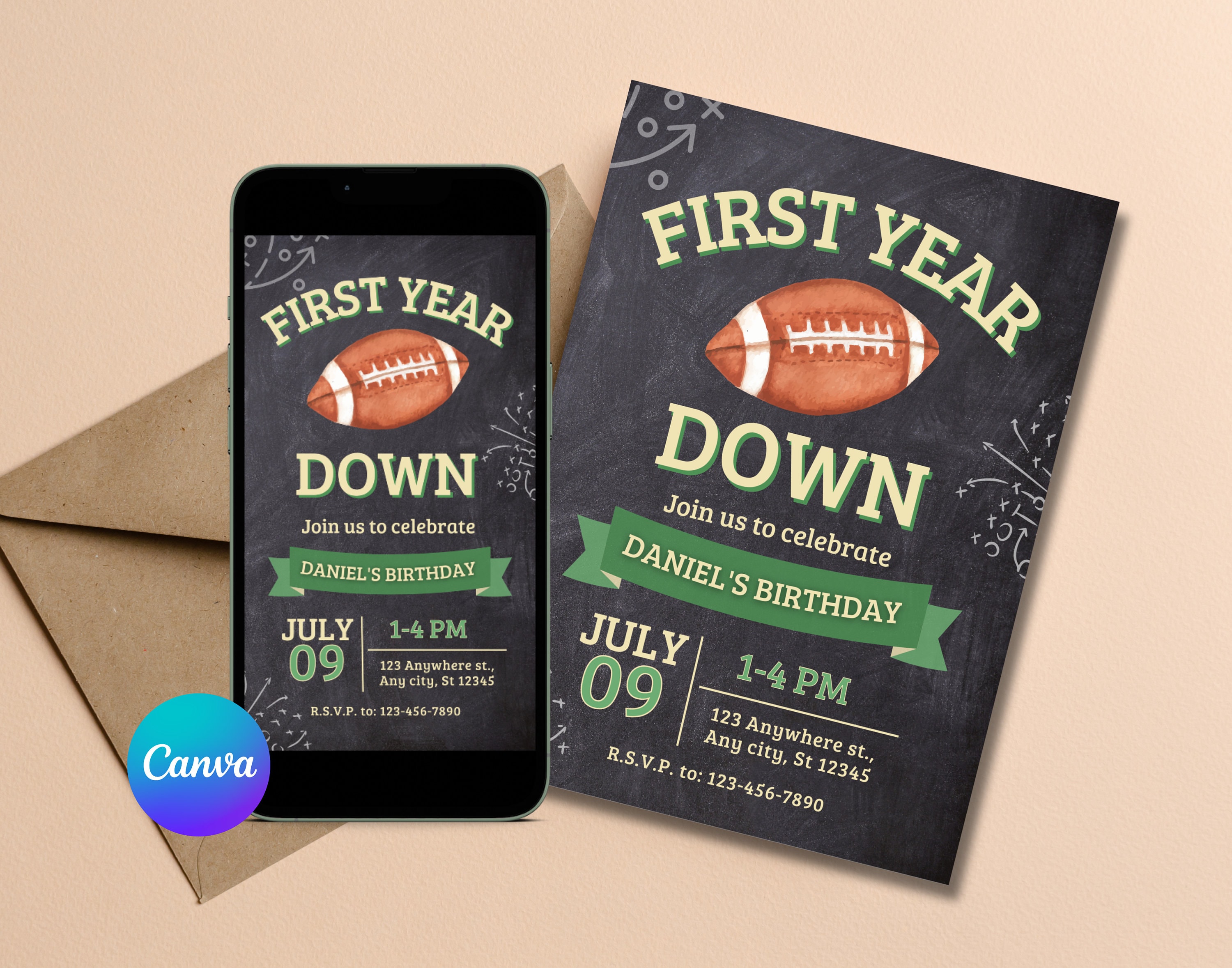 First Year Down Football Party Printable Invitation and Phone Invite ...