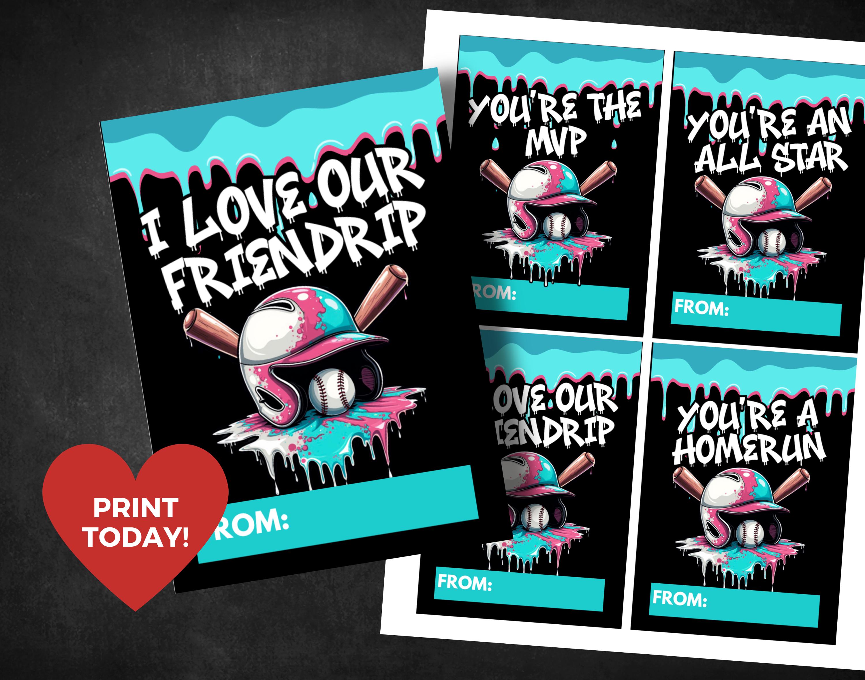 Baseball Drip Valentine's Day Cards: Printable Sports Valentine's Day ...