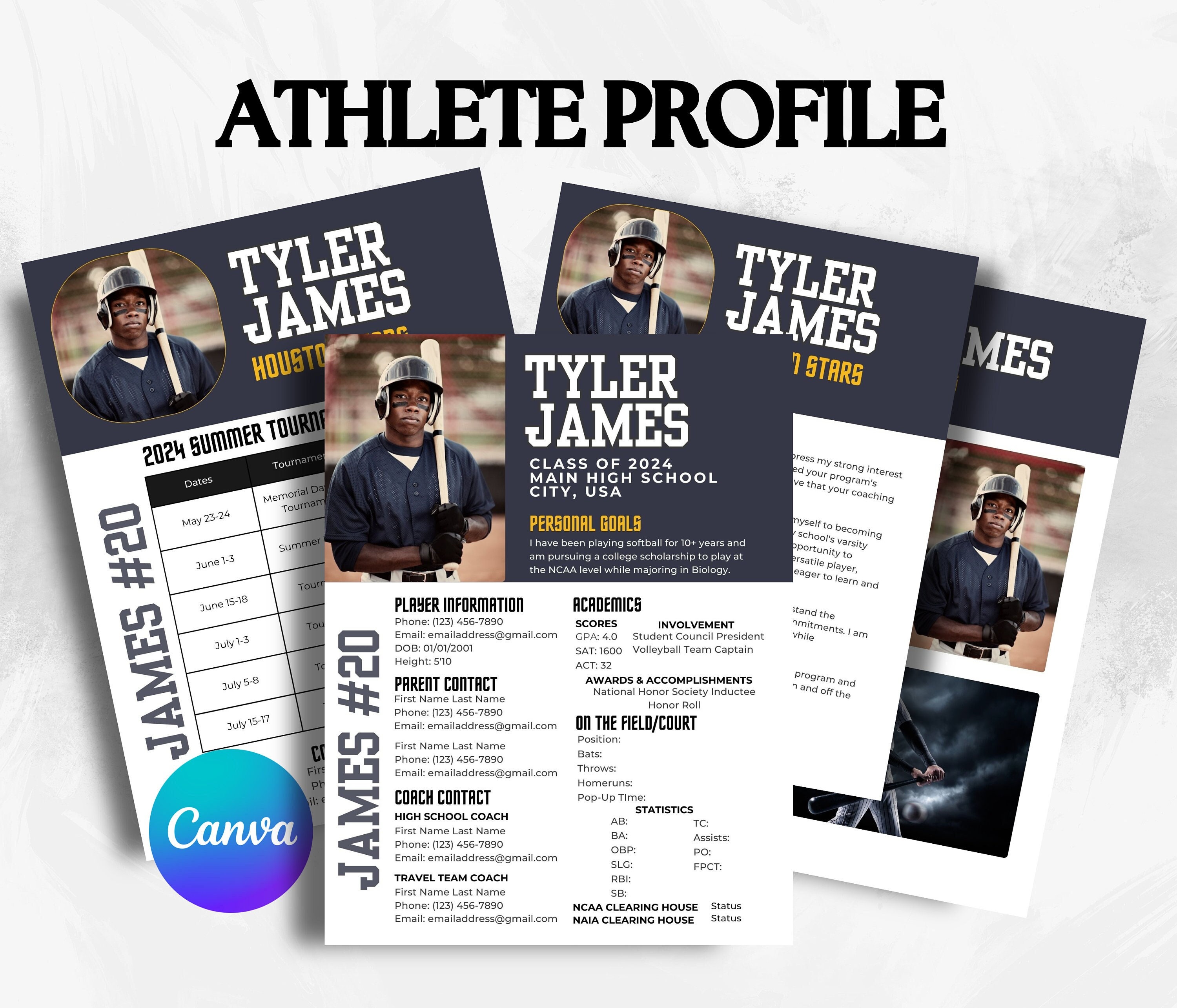 Baseball Athlete Profile Sheet Photo College Recruiting Editable Canva ...